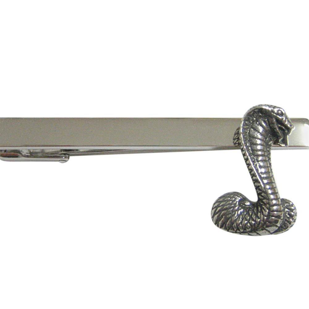 Silver Toned Textured Cobra Snake Square Tie Clip - Gem